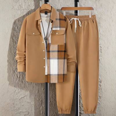 Men's Plaid Patchwork Shirt & Belted Pants Set