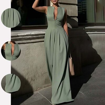 2025 Waisted Wide Leg Jumpsuit - Loose Fit V-Neck Zipper