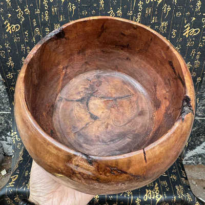 天然枣木中式家居雷击木雕玄关摆件空心朽木实木大钵罄摆件