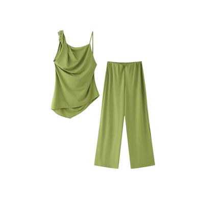 Woman 2025 Green Pant Sets Knotted Asymmetrical Top Elegant