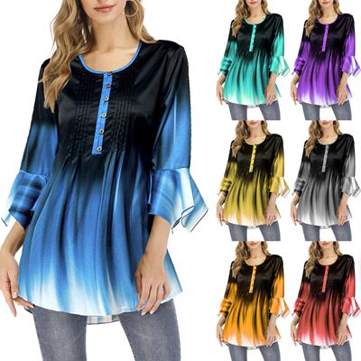 Gradient T-shirt Women's Open Collar Lotus Leaf Sleeve