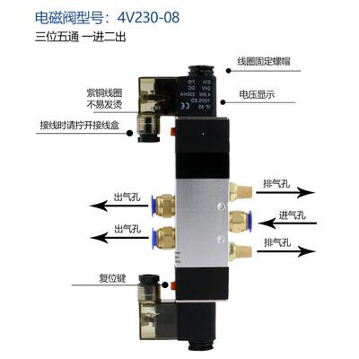 4V230C-08气动电磁阀4v330C-10三位五通中封电磁控制阀气缸电子阀