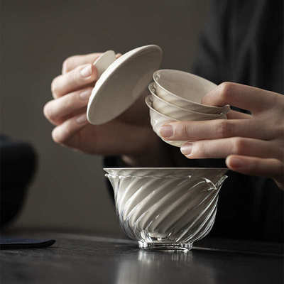 盖碗杯套装便携包客纹三杯茶具公螺旋墨陶瓷己整套旅行快草木灰