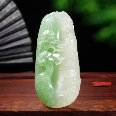 【山清水秀】保真天然和田玉翠青双色山水挂件吊坠 41.06g