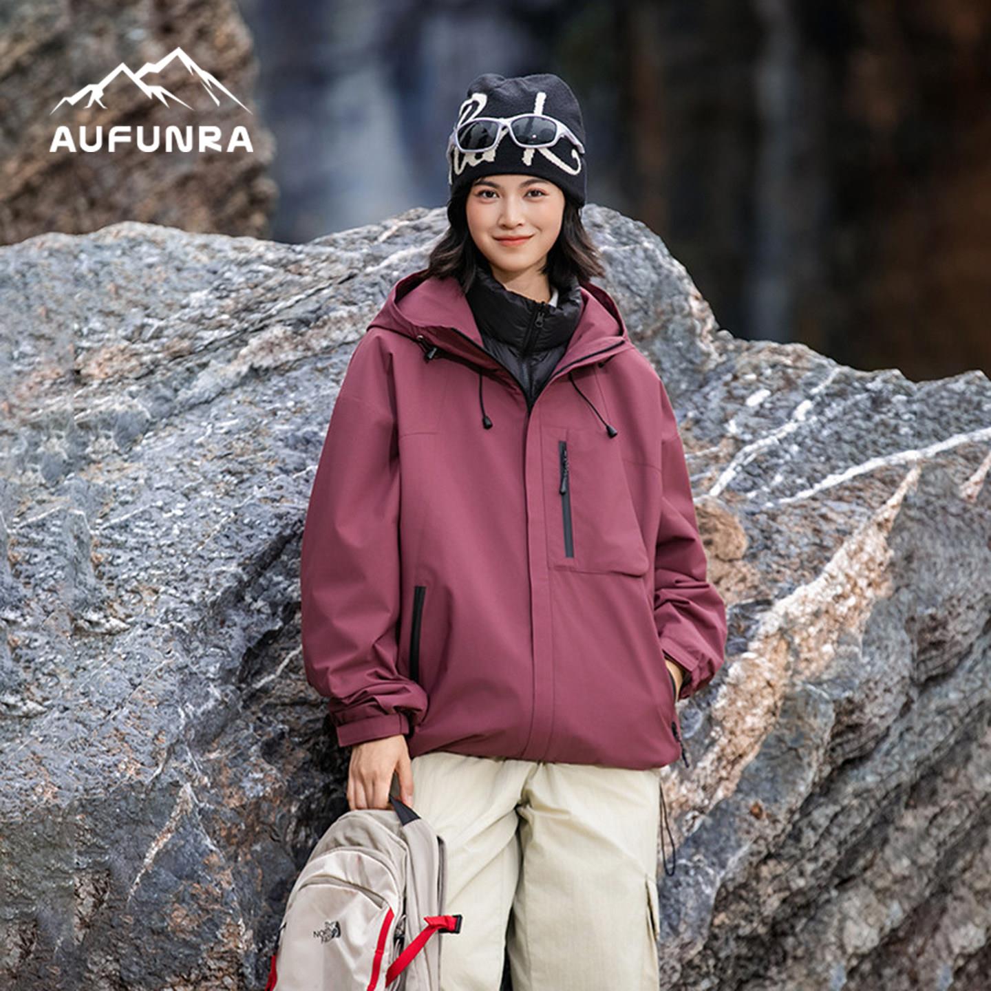 AUFUNRA男女款防风保暖羽绒冲锋衣三合一可拆卸户外旅游登山夹克
