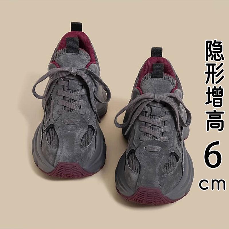 香港真皮厚底老爹鞋女春秋季2026新款爆款红色增高超火休闲运动鞋