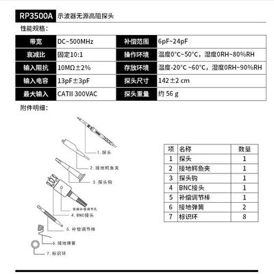 RIGOL普源示波器RP3500A无源高阻探头优质BNC接头500MHz 10MΩ