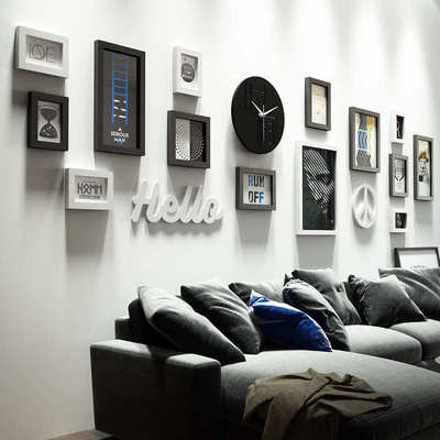 实木_6384包邮照片墙后现代装饰挂画北欧相框组合能换相片真钟表