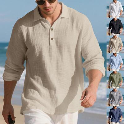 Men Lightweight Linen Sleeve Casual Polo Shirt Zipper Button