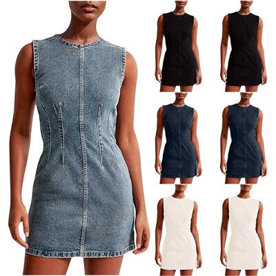 Danedvi Women's Sleeveless Crewneck Denim Mini Tank Dress