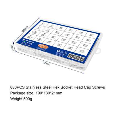 880pcs304不锈钢圆柱头内六角螺钉螺母平垫套装 杯头螺钉螺母盒装