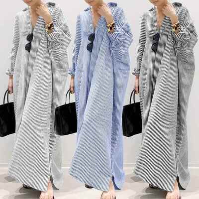 Cotton and linen striped cardigan plus size dress