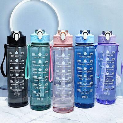 Sports Water Bottle With Straw Time Marker Leakproof Cold Dr