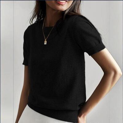 Womens Short Sleeve Sweaters Wool Blend Crew Neck Sweater