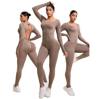 Women's Solid Backless Scoop Neck Sports Jumpsuit Sporty