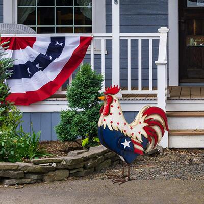 Metal Patriotic Rooster Statue独立日公鸡户外平面装饰地插摆件