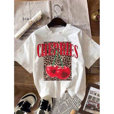 Women'S Cherry Print Leopard Round Neck Fitted Tee Fashion