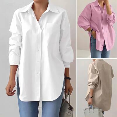 Casual Solid Color Collared Textured Loose Fit Blouse Shirt