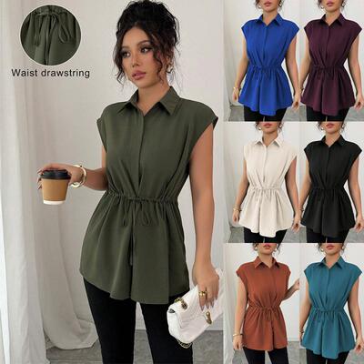 Elegant Notched Collar Sleeveless Waist Cinching Top F