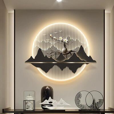 壁新中式室玄关装饰HS-05260画圆形入户迎客松山水画灯高禅意档茶