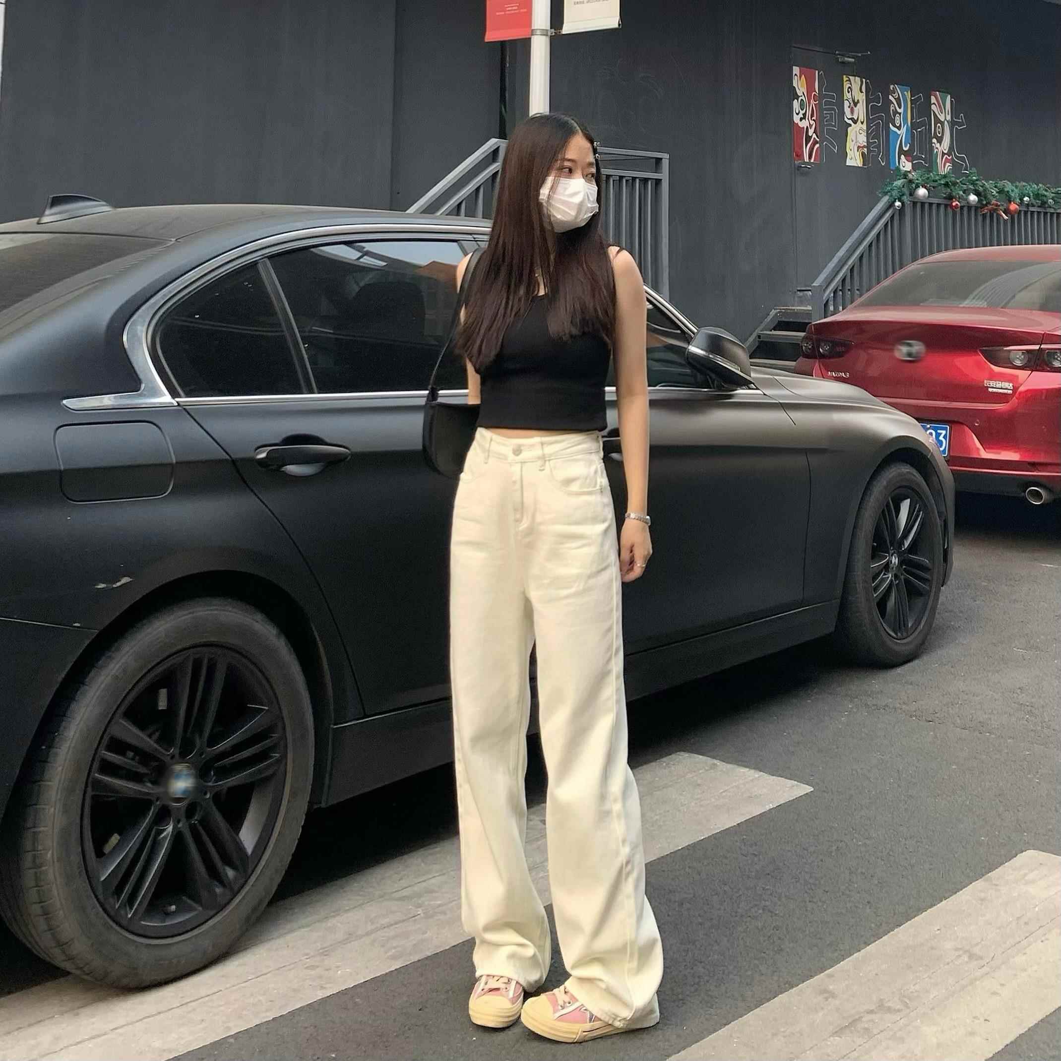 纯哥家米白色直筒牛仔裤女2024秋冬新款高腰显瘦垂感窄版阔腿裤子