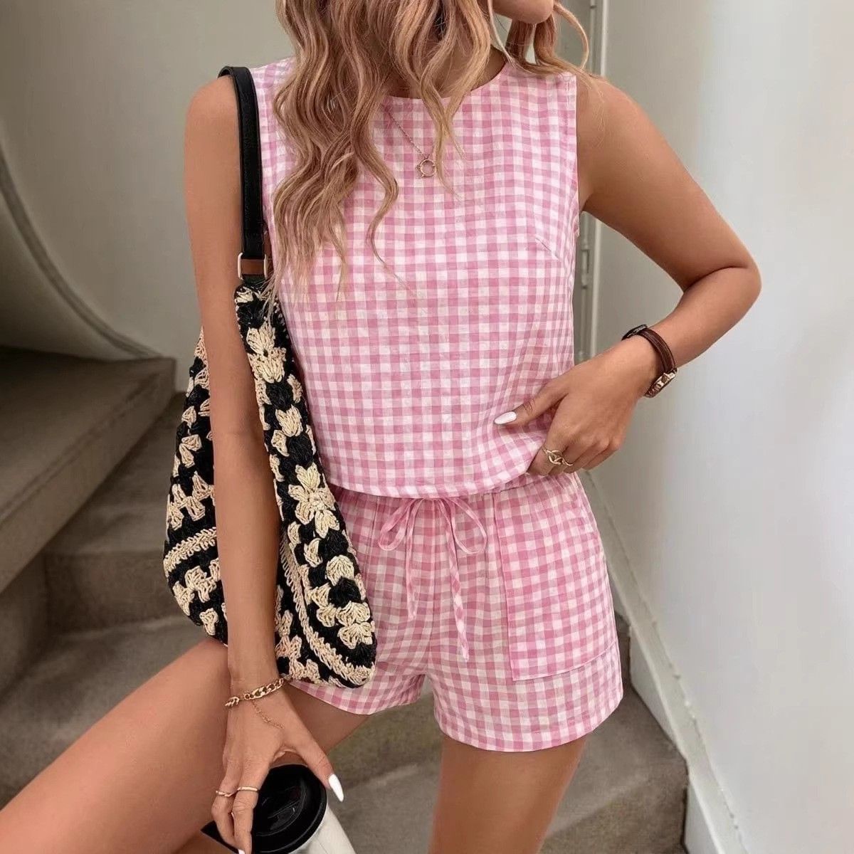 Womens Two Sets Summer Beach Spring Gingham Tank Tops Plaid