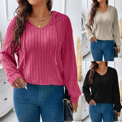 Oversized women's top V-neck hooded long sleeved striped