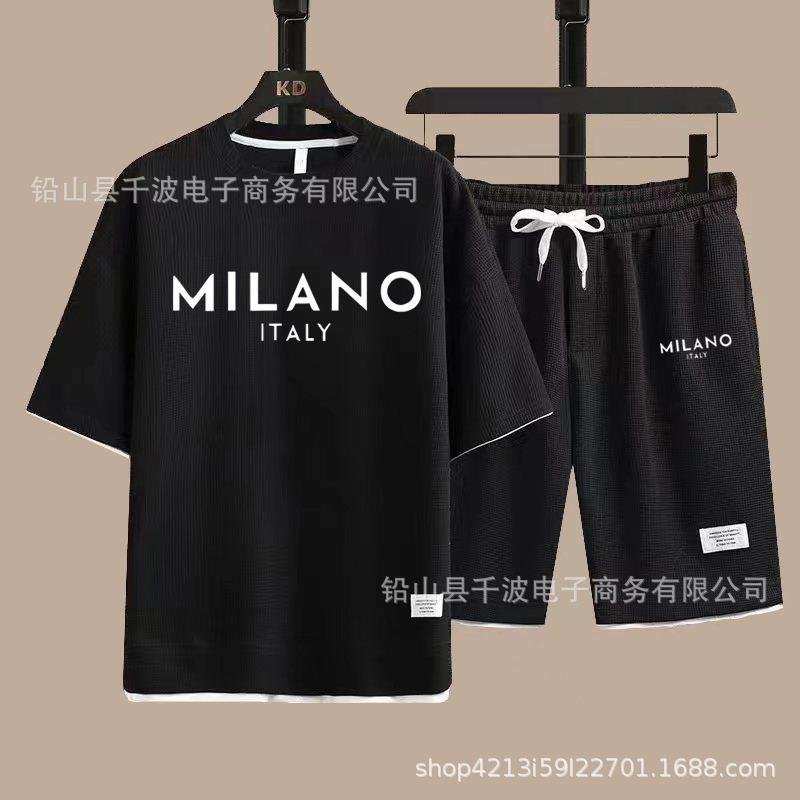 Men Milan print drawstring shorts set spring summer casual