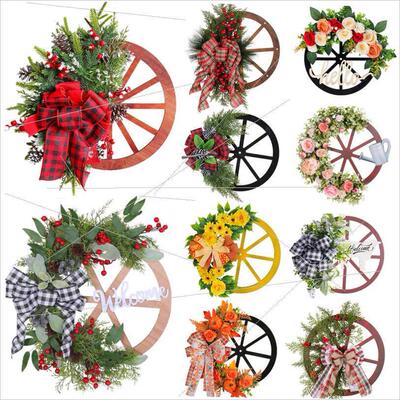 Christmas door hanging wooden roulette wreath车轮花环