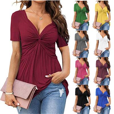 Womens V-Neck Front Knotted Blouse Shirt Shortsleeve Elegant