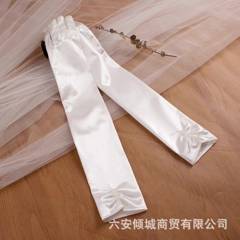 新娘结婚手套短款缎面唯美蝴蝶结手套珍珠婚纱拍照手套简约配件套