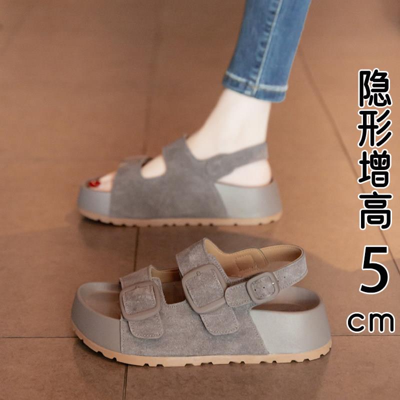 香港真皮厚底勃肯凉鞋女夏外穿2025新款爆款小个子增高罗马沙滩鞋