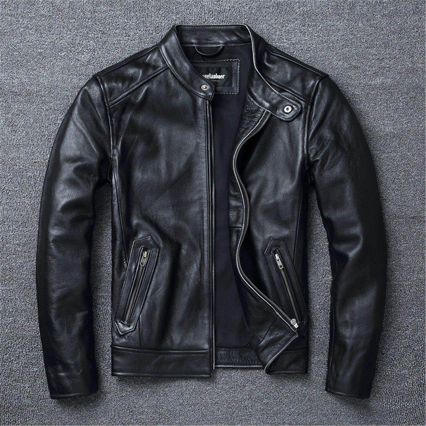 高端新款头层牛皮外套夹克修身立领机车服真皮皮衣男软牛皮大码