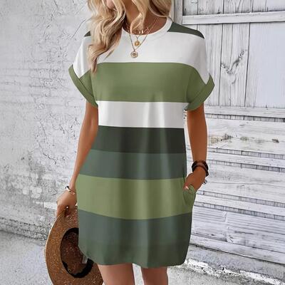 Home Sleeping Skirt Round Neck Dress Striped Women's Dress