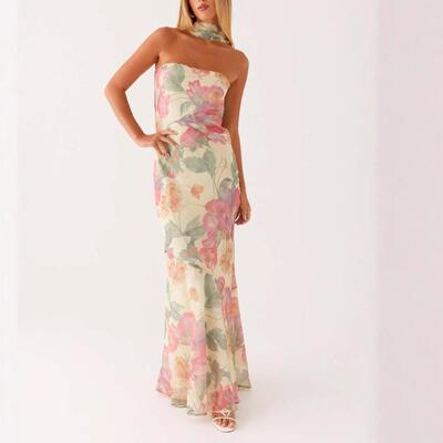 Women Floral Off Shoulder Long Tube Dress With Scarf Summer