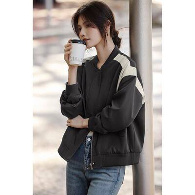 简约风休闲圆领棒球服女2025年秋季新款通勤短款撞色拼接夹克外套
