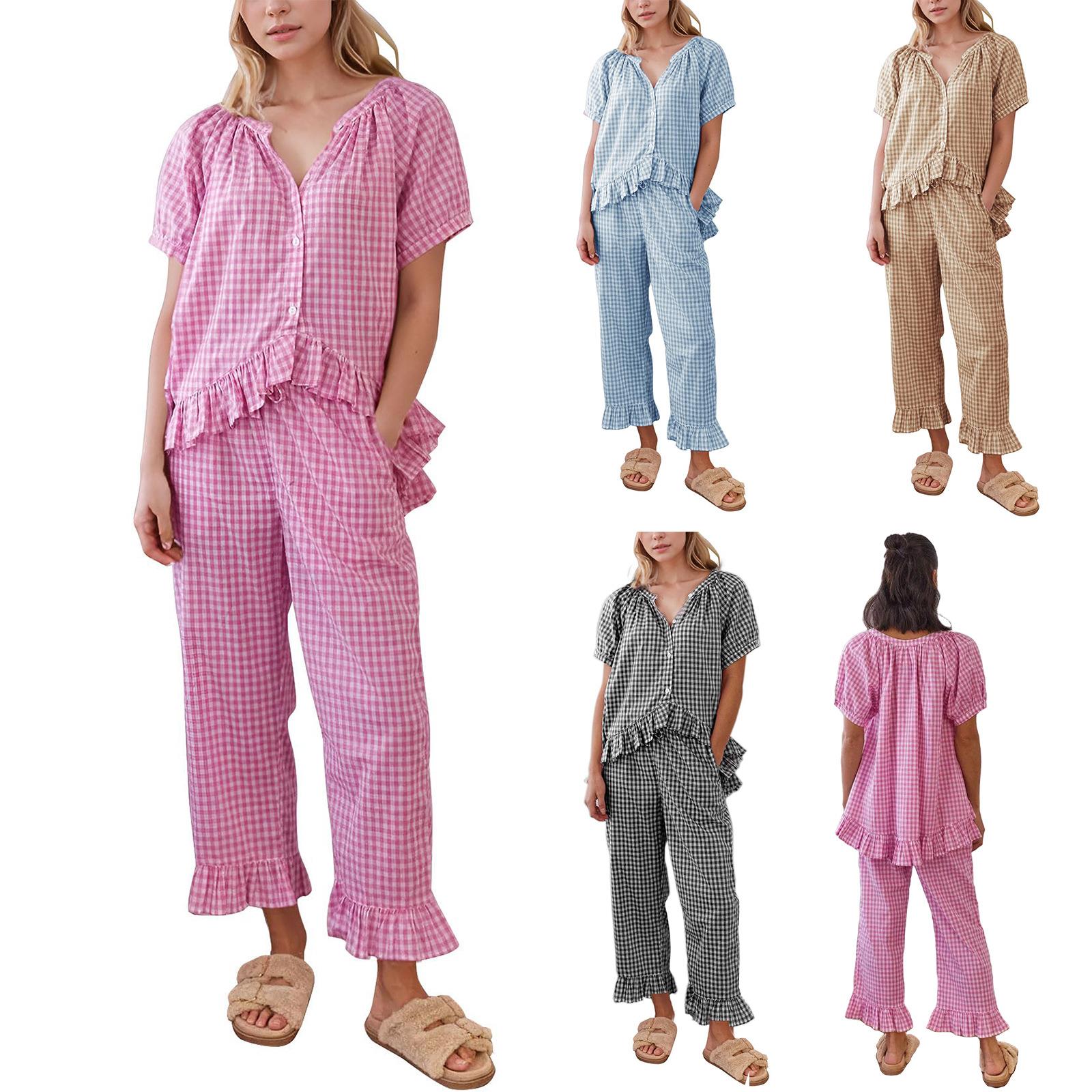 Gingham Pajamas Set 2 Women Plaid Sets Pjs Y2K Clothes