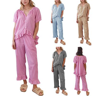Buenoble Womens Plaid 2 Pajamas Sets Gingham Button Puff