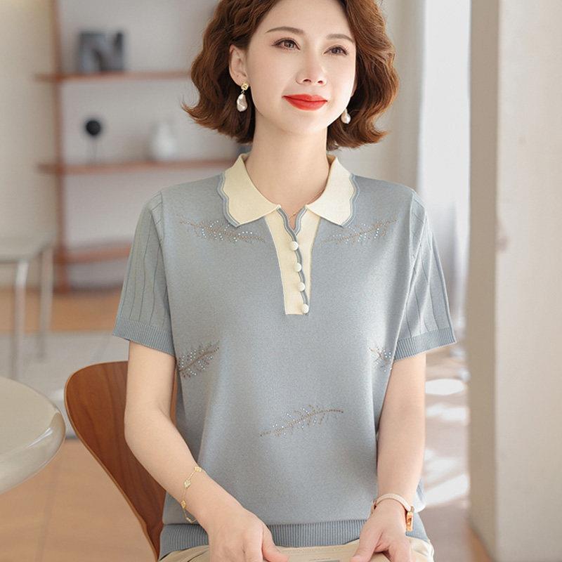 妈妈夏装翻领冰丝T恤2025新款洋派短袖上衣服中老年女小个子套装
