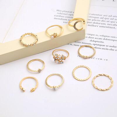 10 Piece Set Star Moon ring diamond heart pearl rings 戒指女
