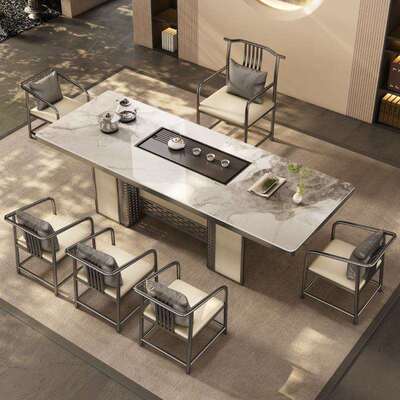 奢岩板桌大茶轻PAY台简约办大板泡茶桌高茶端公室茶桌椅组合一桌