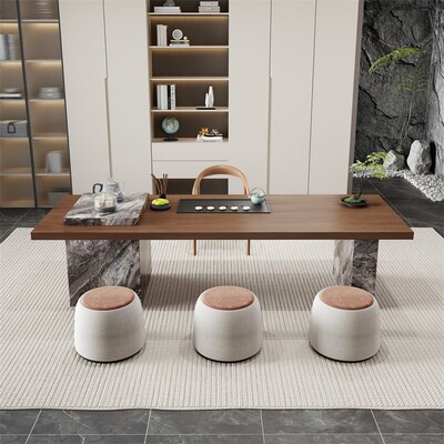 轻奢木桌茶GPI台办一整实套公茶室客厅高级感原木大板岛台泡茶桌