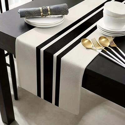 1pc Geometric Stripe Linen Table Runner, Modern Simple Black