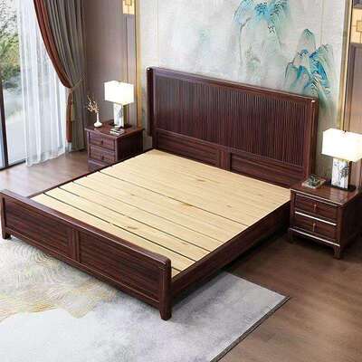 实木硬靠边实木床1齐518单双.人床新中式.乌XMC84652金木主卧室床