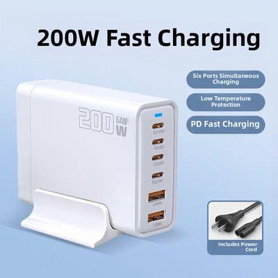 200W氮化镓充电器PD100W大功率充电器USB多口pd20w快充电器pd快充2a多口安卓手机快速充电头QC3.0充电站3a