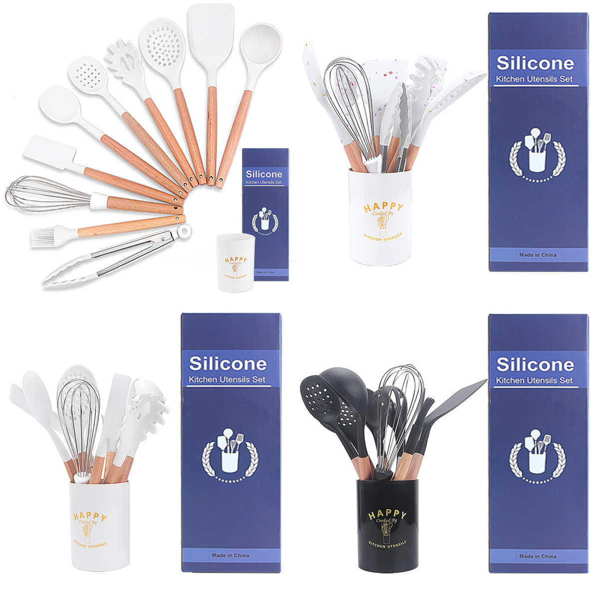 奶白色木柄硅胶厨具套装10件套厨房工具不粘锅铲汤勺 kitchen set