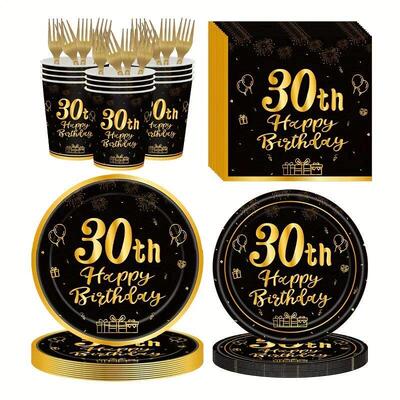 Black Gold Disposable Tableware For 30th Birthday Party Deco