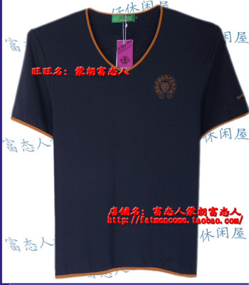 蒙朗富态人夏款加肥加大码V领短袖T恤深蓝白39202胸围3尺8到4尺6