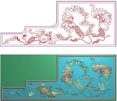 精雕图灰度图浮雕图电脑雕刻图精品蝙蝠铜钱祥云扶手下花428x168