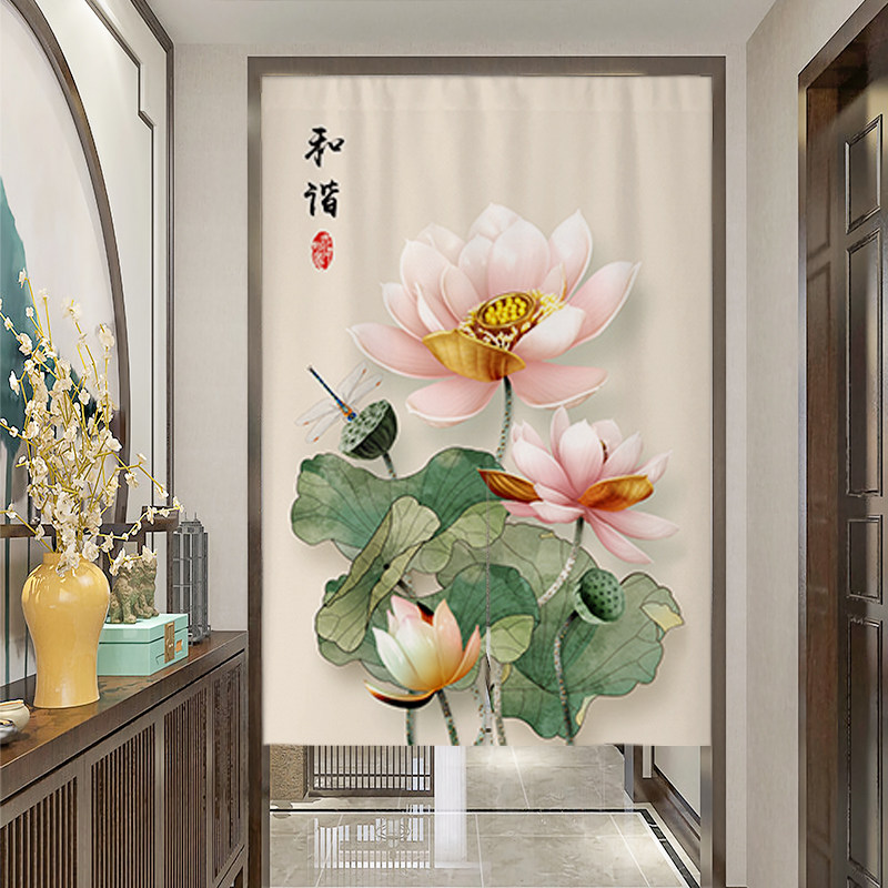 中式荷花门帘隔断帘卫生间门对门遮挡帘布艺挂帘卧室厕所半帘定制